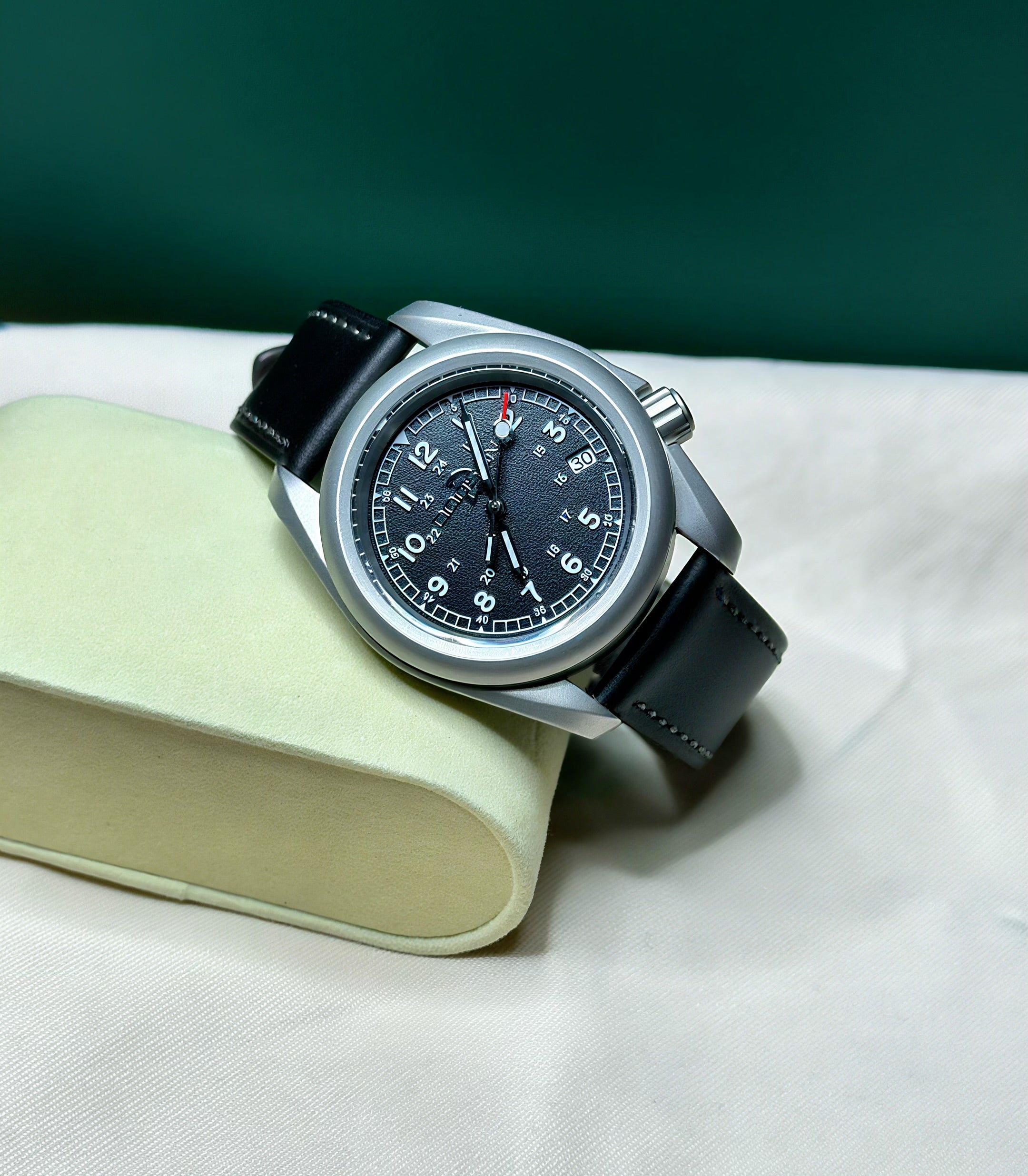 Sand Blasted 40mm Black Dial Field Watch on Genuine Black Leather Stra ...